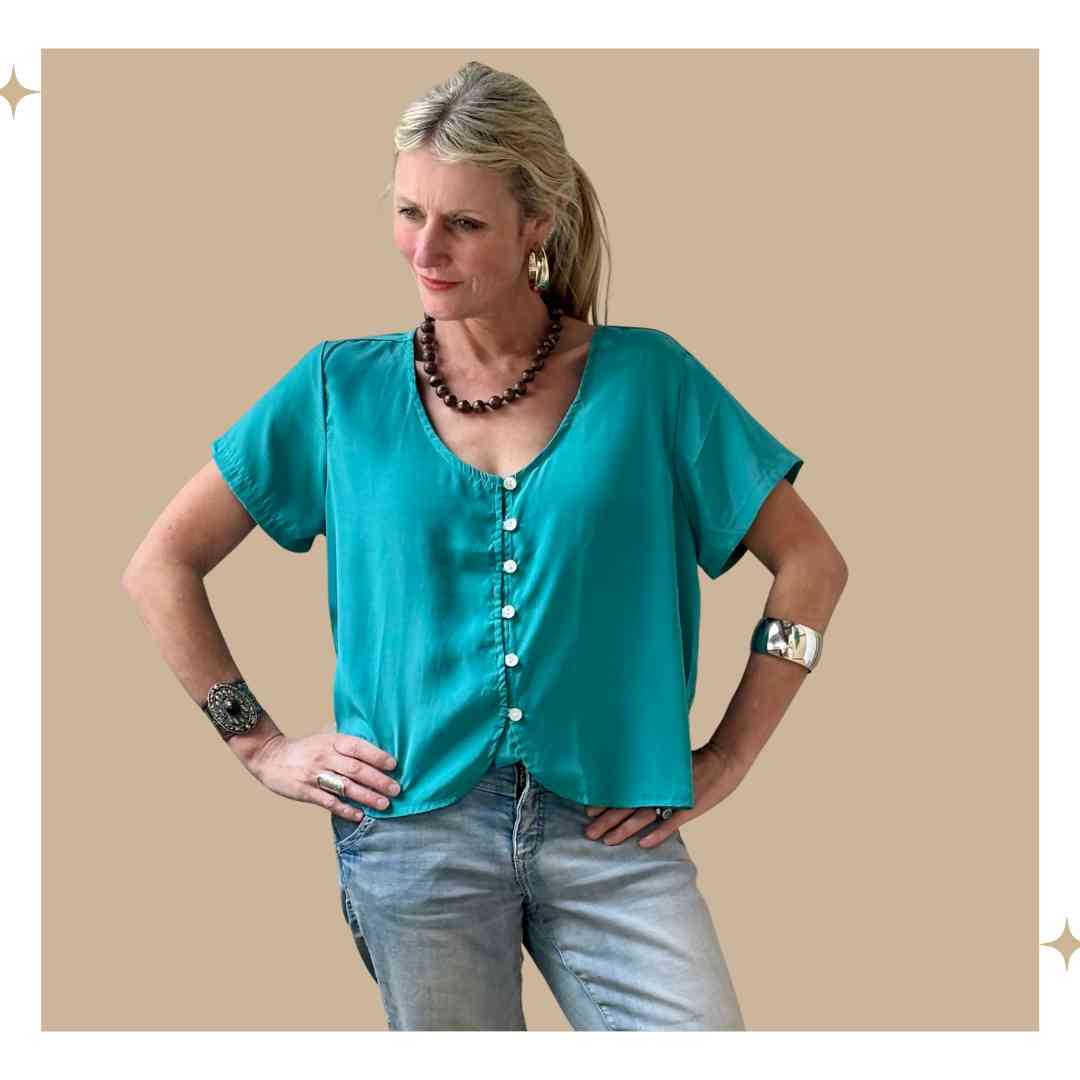 SALMA Button Blouse - Aqua Satin Sheen – caravan&co nz